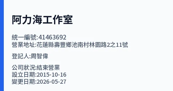 阿力海工作室的照片-統編 41463692(花蓮縣) 公司登記資料與營業項目詳細圖表