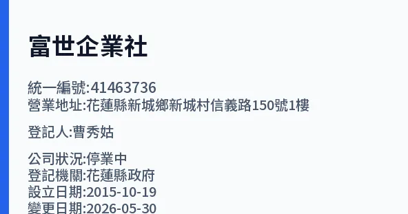 富世企業社的照片-統編 41463736(花蓮縣) 公司登記資料與營業項目詳細圖表