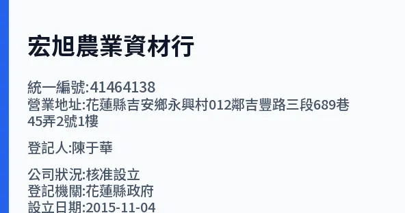 宏旭農業資材行的照片-統編 41464138(花蓮縣) 公司登記資料與營業項目詳細圖表