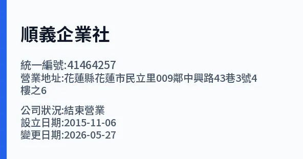 順義企業社的照片-統編 41464257(花蓮縣) 公司登記資料與營業項目詳細圖表