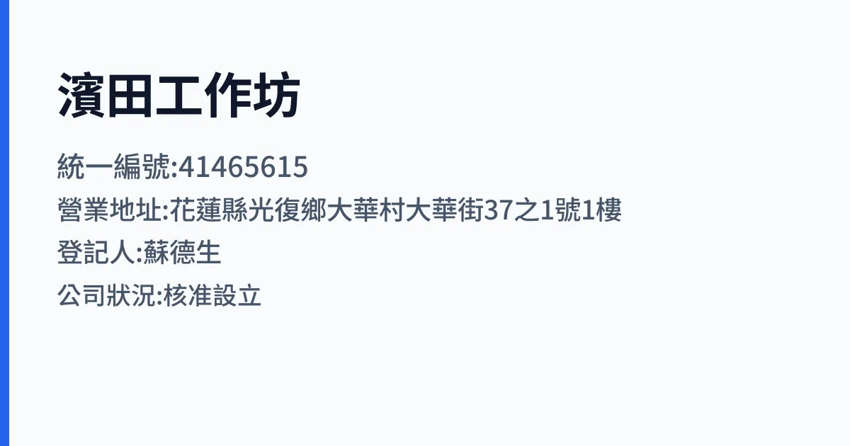 濱田工作坊 - 統編 41465615(花蓮縣) 公司登記資料與營業項目詳細圖表