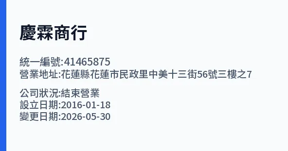 慶霖商行的照片-統編 41465875(花蓮縣) 公司登記資料與營業項目詳細圖表
