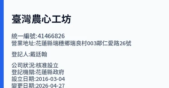 臺灣農心工坊的照片-統編 41466826(花蓮縣) 公司登記資料與營業項目詳細圖表