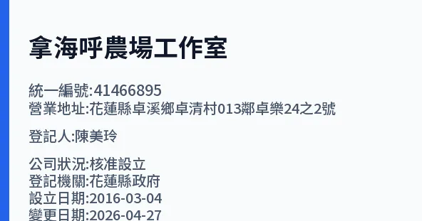 拿海呼農場工作室的照片-統編 41466895(花蓮縣) 公司登記資料與營業項目詳細圖表