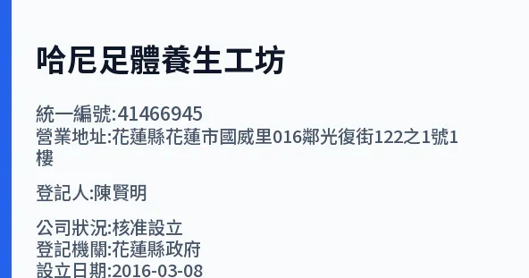 哈尼足體養生工坊的照片-統編 41466945(花蓮縣) 公司登記資料與營業項目詳細圖表
