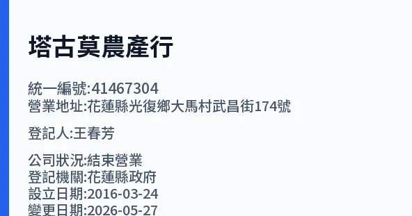 塔古莫農產行的照片-統編 41467304(花蓮縣) 公司登記資料與營業項目詳細圖表