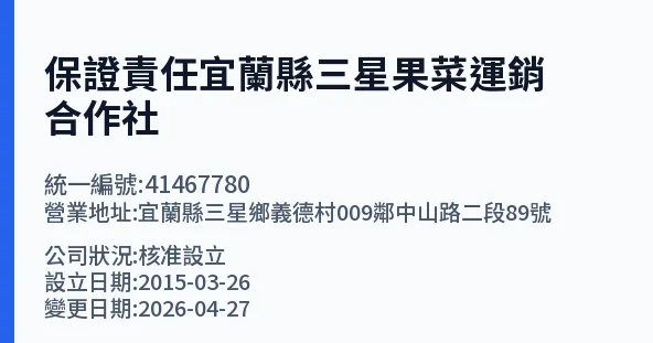 保證責任宜蘭縣三星果菜運銷合作社的照片-統編 41467780(宜蘭縣) 公司登記資料與營業項目詳細圖表