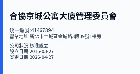 合協京城公寓大廈管理委員會的照片-統編 41467894(新北市) 公司登記資料與營業項目詳細圖表