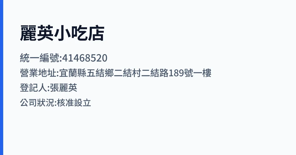 麗英小吃店 - 統編 41468520(宜蘭縣) 公司登記資料與營業項目詳細圖表