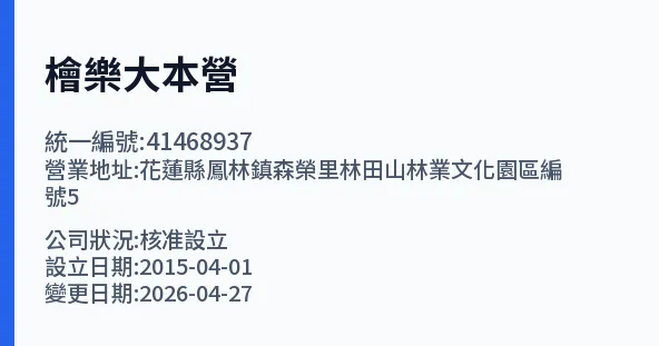 檜樂大本營的照片-統編 41468937(花蓮縣) 公司登記資料與營業項目詳細圖表