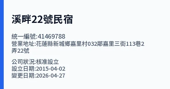 溪畔22號民宿的照片-統編 41469788(花蓮縣) 公司登記資料與營業項目詳細圖表