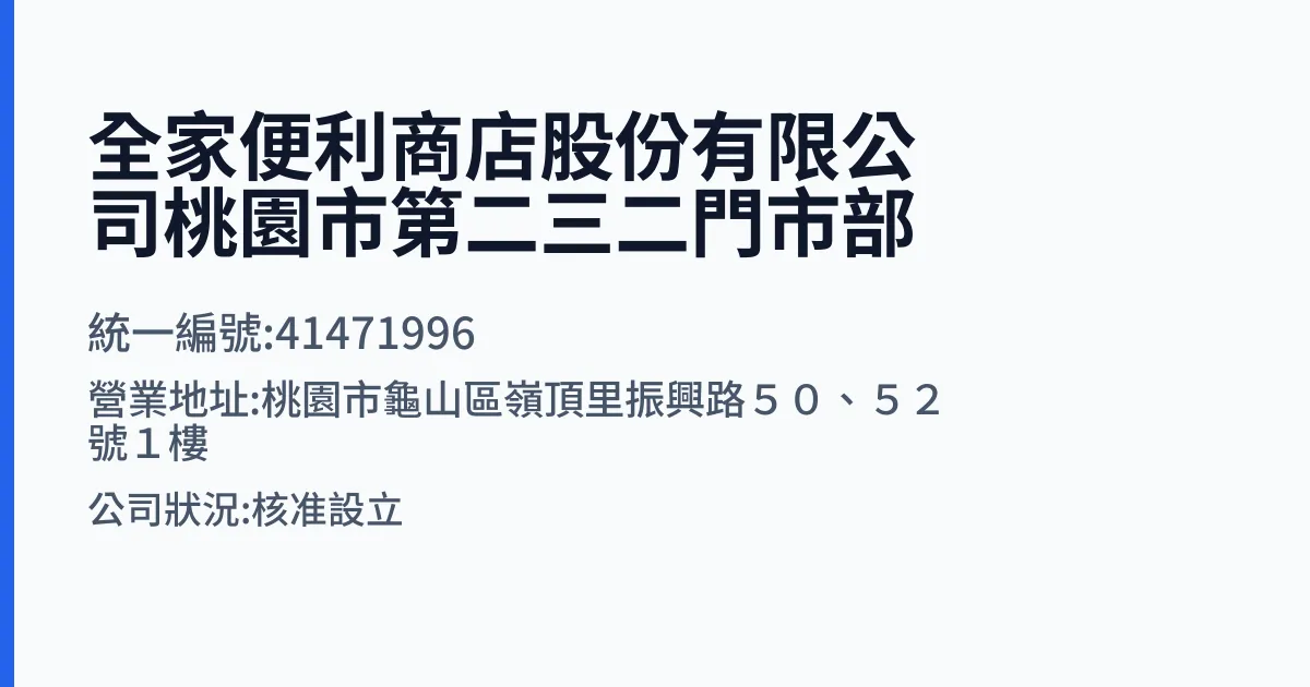 全家便利商店股份有限公司桃園市第二三二門市部 - 統編 41471996(桃園市) 公司登記資料與營業項目詳細圖表