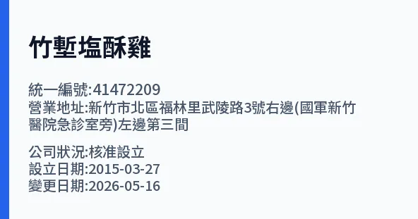 竹塹塩酥雞的照片-統編 41472209(新竹市) 公司登記資料與營業項目詳細圖表