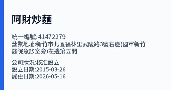 阿財炒麵的照片-統編 41472279(新竹市) 公司登記資料與營業項目詳細圖表