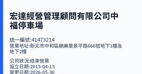 宏達經營管理顧問有限公司中福停車場的照片-統編 41473214(新北市) 公司登記資料與營業項目詳細圖表