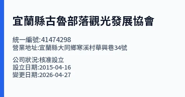 宜蘭縣古魯部落觀光發展協會的照片-統編 41474298(宜蘭縣) 公司登記資料與營業項目詳細圖表