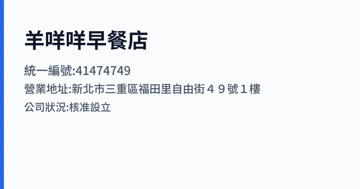 羊咩咩早餐店 - 統編 41474749(新北市) 公司登記資料與營業項目詳細圖表