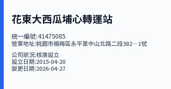花東大西瓜埔心轉運站的照片-統編 41475085(桃園市) 公司登記資料與營業項目詳細圖表