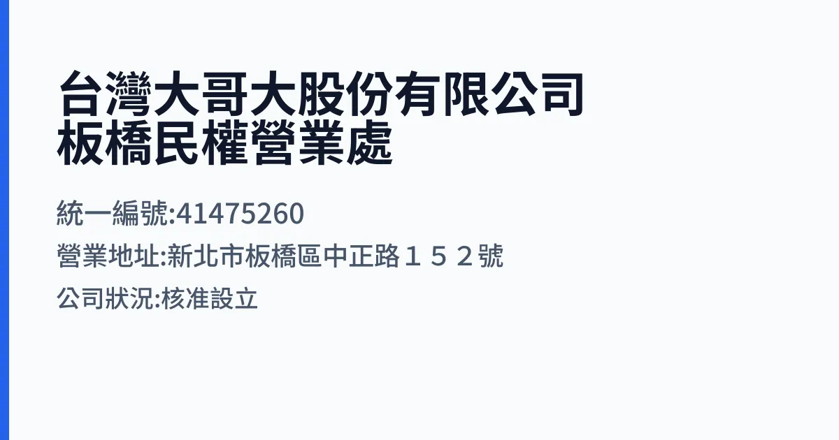 台灣大哥大股份有限公司板橋民權營業處 - 統編 41475260(新北市) 公司登記資料與營業項目詳細圖表