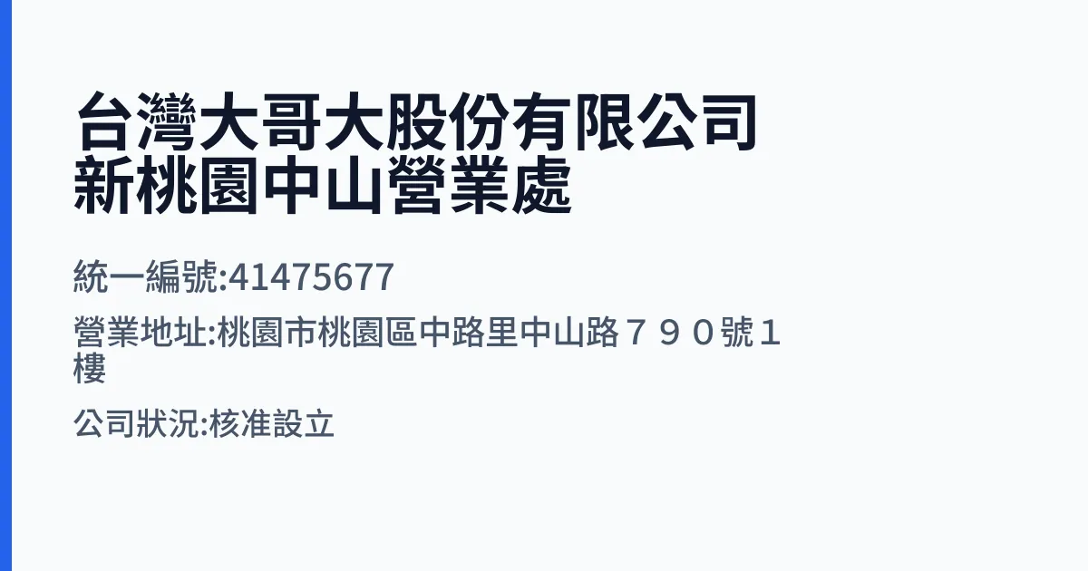 台灣大哥大股份有限公司新桃園中山營業處 - 統編 41475677(桃園市) 公司登記資料與營業項目詳細圖表