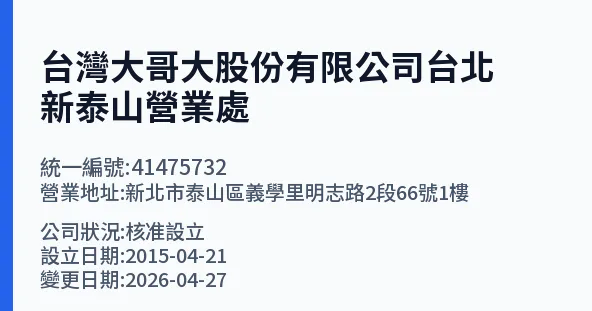 台灣大哥大股份有限公司台北新泰山營業處的照片-統編 41475732(新北市) 公司登記資料與營業項目詳細圖表