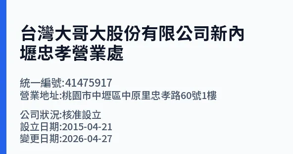 台灣大哥大股份有限公司新內壢忠孝營業處的照片-統編 41475917(桃園市) 公司登記資料與營業項目詳細圖表