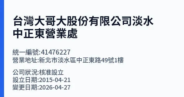 台灣大哥大股份有限公司淡水中正東營業處的照片-統編 41476227(新北市) 公司登記資料與營業項目詳細圖表