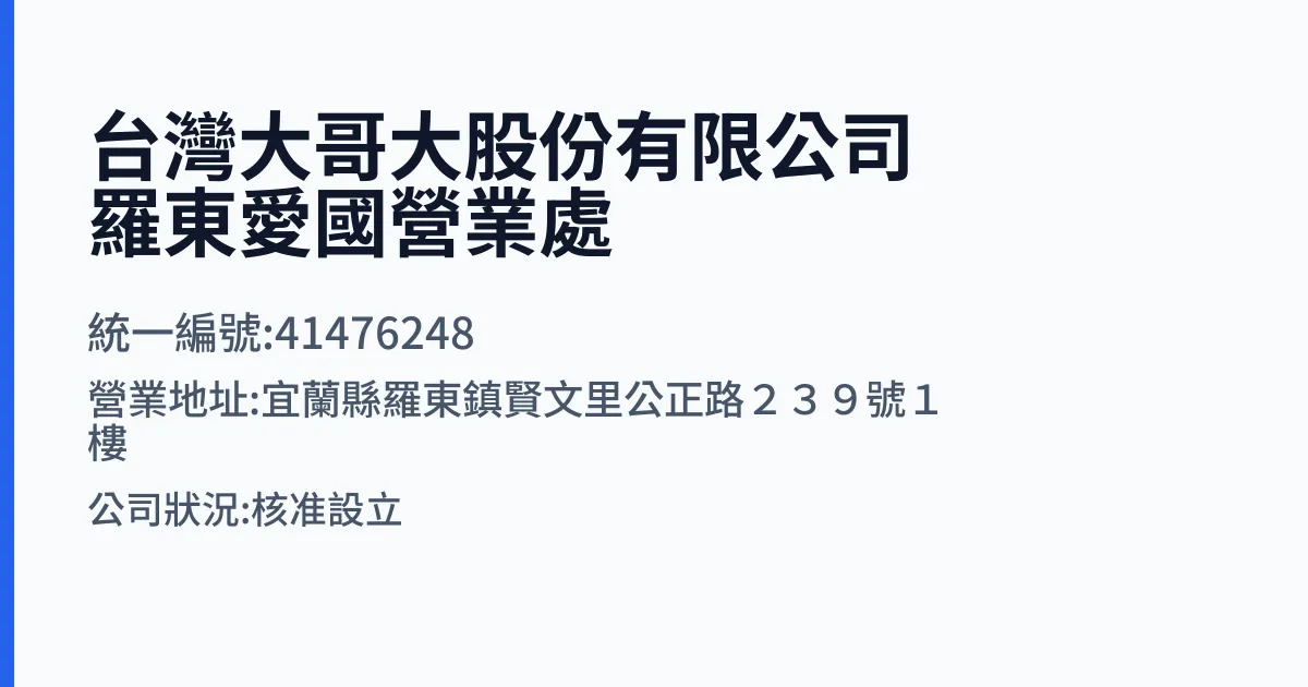 台灣大哥大股份有限公司羅東愛國營業處 - 統編 41476248(宜蘭縣) 公司登記資料與營業項目詳細圖表