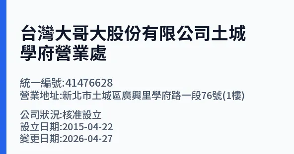 台灣大哥大股份有限公司土城學府營業處的照片-統編 41476628(新北市) 公司登記資料與營業項目詳細圖表