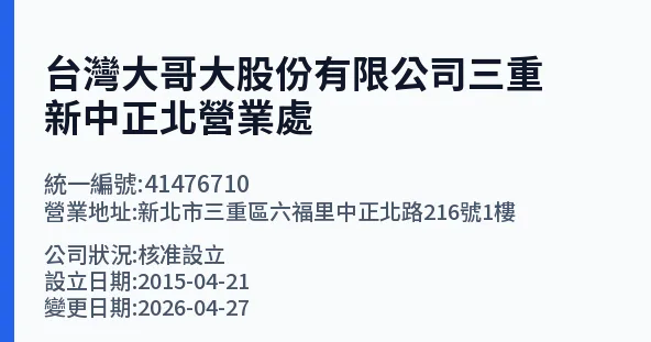 台灣大哥大股份有限公司三重新中正北營業處的照片-統編 41476710(新北市) 公司登記資料與營業項目詳細圖表