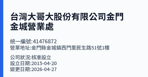 台灣大哥大股份有限公司金門金城營業處的照片-統編 41476872(金門縣) 公司登記資料與營業項目詳細圖表