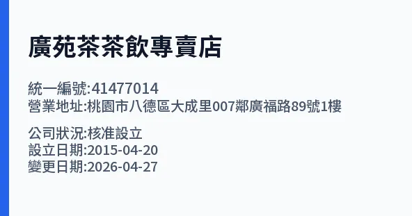 廣苑茶茶飲專賣店的照片-統編 41477014(桃園市) 公司登記資料與營業項目詳細圖表