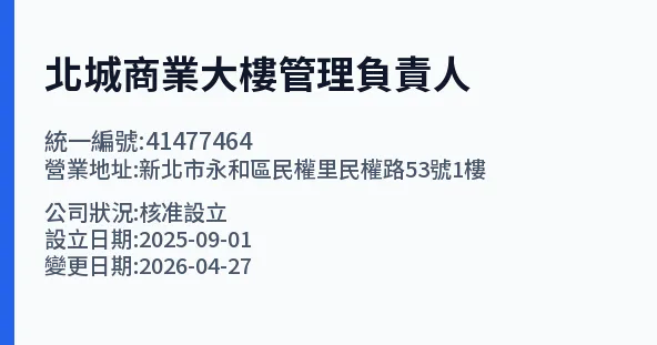 北城商業大樓管理負責人的照片-統編 41477464(新北市) 公司登記資料與營業項目詳細圖表