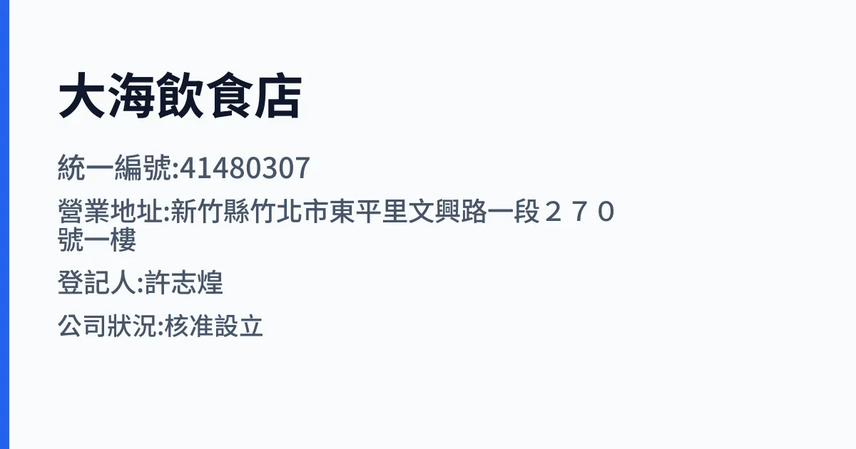 大海飲食店 - 統編 41480307(新竹縣) 公司登記資料與營業項目詳細圖表