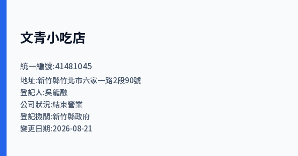文青小吃店的照片-統編 41481045(新竹縣) 公司登記資料與營業項目詳細圖表