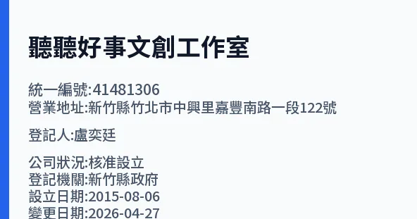 聽聽好事文創工作室的照片-統編 41481306(新竹縣) 公司登記資料與營業項目詳細圖表