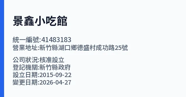 景鑫小吃館的照片-統編 41483183(新竹縣) 公司登記資料與營業項目詳細圖表