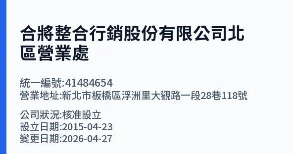 合將整合行銷股份有限公司北區營業處的照片-統編 41484654(新北市) 公司登記資料與營業項目詳細圖表