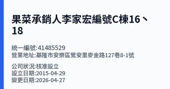 果菜承銷人李家宏編號C棟16丶18的照片-統編 41485529(基隆市) 公司登記資料與營業項目詳細圖表