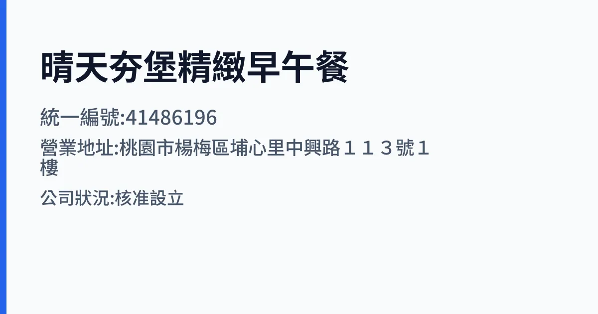 晴天夯堡精緻早午餐 - 統編 41486196(桃園市) 公司登記資料與營業項目詳細圖表