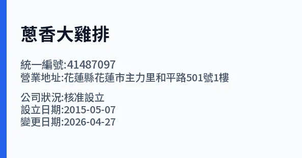 蔥香大雞排的照片-統編 41487097(花蓮縣) 公司登記資料與營業項目詳細圖表