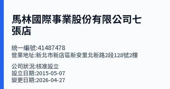 馬林國際事業股份有限公司七張店的照片-統編 41487478(新北市) 公司登記資料與營業項目詳細圖表