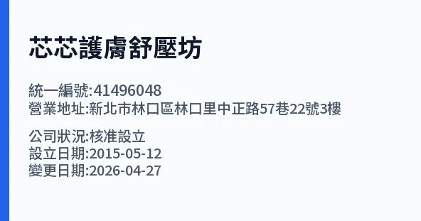 芯芯護膚舒壓坊的照片-統編 41496048(新北市) 公司登記資料與營業項目詳細圖表