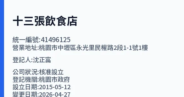 十三張飲食店的照片-統編 41496125(桃園市) 公司登記資料與營業項目詳細圖表
