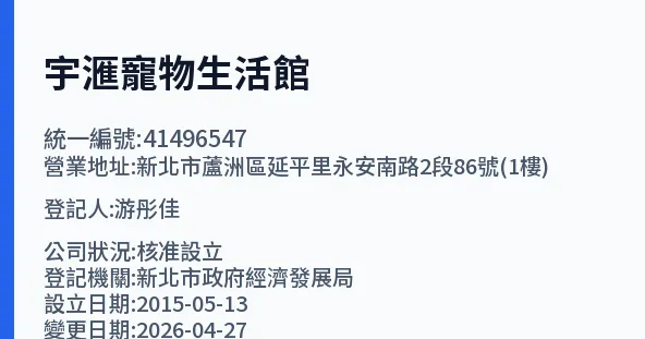 宇滙寵物生活館的照片-統編 41496547(新北市) 公司登記資料與營業項目詳細圖表