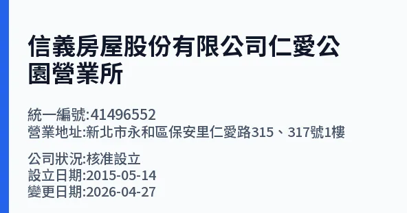 信義房屋股份有限公司仁愛公園營業所的照片-統編 41496552(新北市) 公司登記資料與營業項目詳細圖表