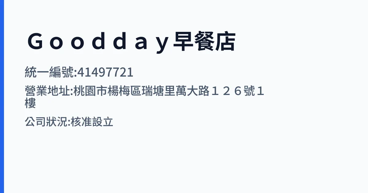 Ｇｏｏｄｄａｙ早餐店 - 統編 41497721(桃園市) 公司登記資料與營業項目詳細圖表