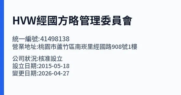 HVW經國方略管理委員會的照片-統編 41498138(桃園市) 公司登記資料與營業項目詳細圖表