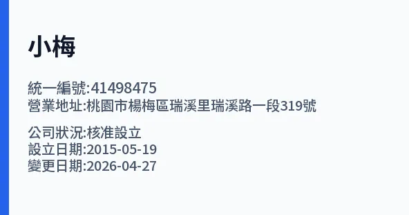 小梅的照片-統編 41498475(桃園市) 公司登記資料與營業項目詳細圖表