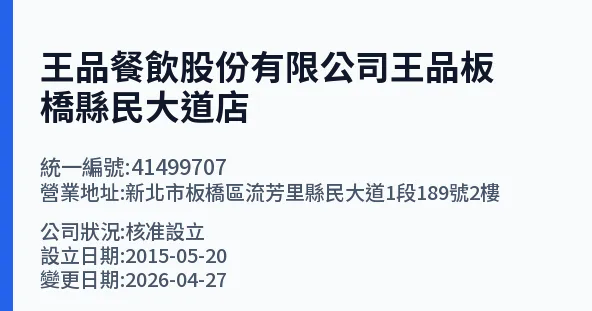 王品餐飲股份有限公司王品板橋縣民大道店的照片-統編 41499707(新北市) 公司登記資料與營業項目詳細圖表